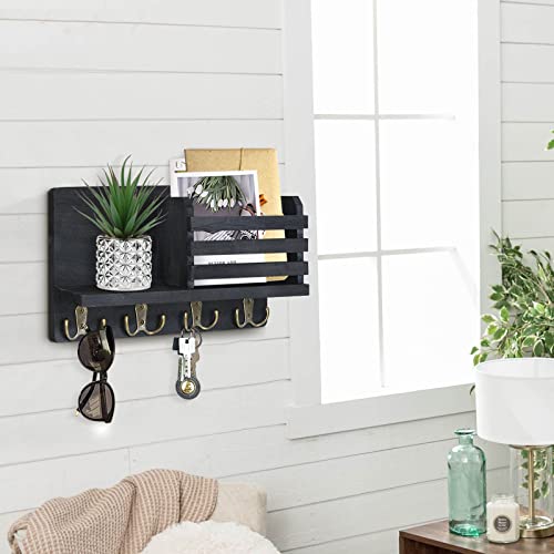 Y&ME YM Key Holder for Wall, Mail Organizer Wall Mount, Wood Key Rack Key Hooks for Wall, Mail Holder Wall Mount, Floating Shelf Rustic Home Decor for Entryway or Mudroom