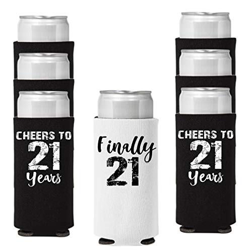 Veracco Finally 21 Cheers to 21 Years Twenty First Slim Can Coolie Holder 21st Birthday Gift Party Favors Decorations (Black/White, 6)