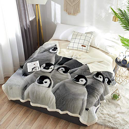 LUSWEET Sherpa Fleece Blanket,Penguins Family Cute Animals Bed Blanket Soft Cozy Luxury Blanket 50"x80",Fuzzy Thick Reversible Warm Fluffy Plush Microfiber Throw Blanket for Couch Bed Sofa