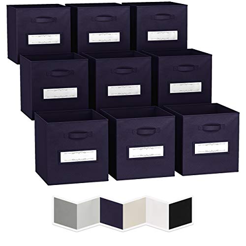 13x13 Large Storage Cubes (Set of 9). Fabric Storage Bins with Label Window | Cube Storage Bins for Home and Office | Foldable Cube Baskets For Shelf | Closet Organizers and Storage Box (Navy)