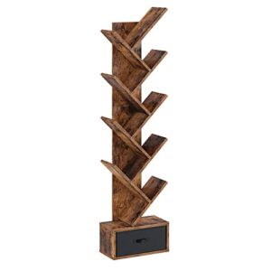 rolanstar bookshelf with drawer, 9-tier tree bookshelf, wooden bookshelves storage rack for cds/movies/books, rustic brown bookcase, utility organizer shelves for living room, bedroom, home office