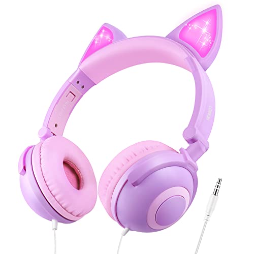 LOBKIN Headphones Kids, Headphones Cat Ears with LED, 85dB Volume Limiter, Foldable, Kids Headphones with Wire for Girls Boys (Purple+Pink)