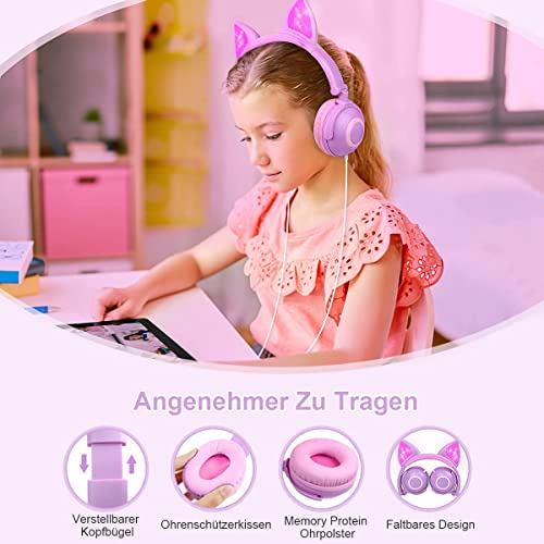 LOBKIN Headphones Kids, Headphones Cat Ears with LED, 85dB Volume Limiter, Foldable, Kids Headphones with Wire for Girls Boys (Purple+Pink)