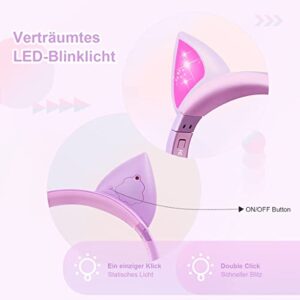 LOBKIN Headphones Kids, Headphones Cat Ears with LED, 85dB Volume Limiter, Foldable, Kids Headphones with Wire for Girls Boys (Purple+Pink)