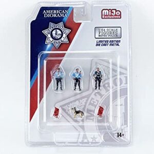 Metropolitan Police 8 Piece Diecast Set (3 Figurines, 1 Dog and 4 Accessories) for 1/64 Scale Models by American Diorama 76459