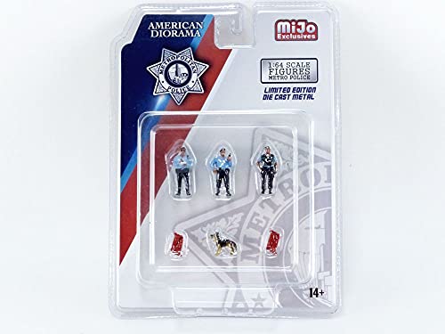 Metropolitan Police 8 Piece Diecast Set (3 Figurines, 1 Dog and 4 Accessories) for 1/64 Scale Models by American Diorama 76459