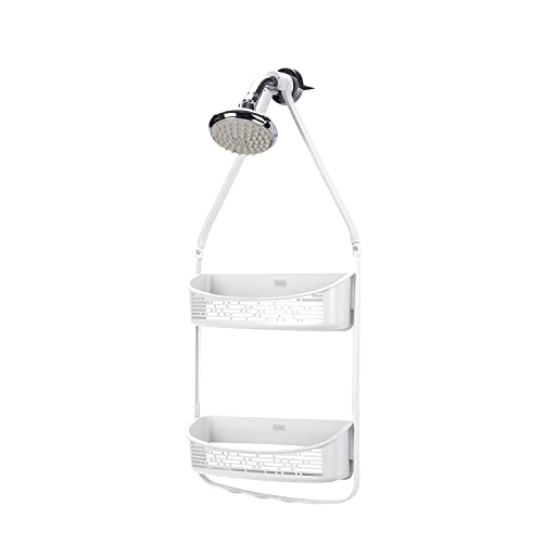 BLACK+DECKER 2-Way Convertible Hanging Anti-Swing Shower Caddy, 2 Way Adjustable Arm, Over The Door, Loofah & Razor Hooks, Storage & Organization, Large and Small Bottles and More, White