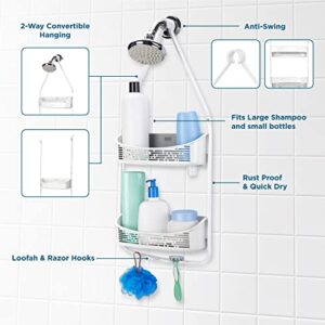 BLACK+DECKER 2-Way Convertible Hanging Anti-Swing Shower Caddy, 2 Way Adjustable Arm, Over The Door, Loofah & Razor Hooks, Storage & Organization, Large and Small Bottles and More, White