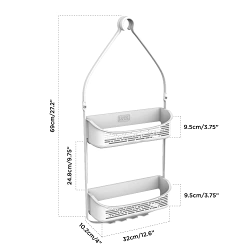 BLACK+DECKER 2-Way Convertible Hanging Anti-Swing Shower Caddy, 2 Way Adjustable Arm, Over The Door, Loofah & Razor Hooks, Storage & Organization, Large and Small Bottles and More, White