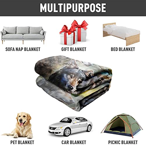 HommomH 60"x80" Blanket Soft Fluffy Fleece Throw for Sofa Bed Moon Wolf Green