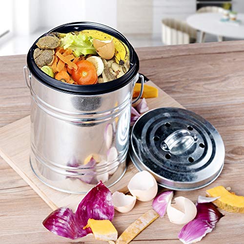 Kitchen Stainless Steel Compost Bin for Kitchen Countertop - 1.3Gallon Compost Bucket for Kitchen with Lid - Includes 1 Spare Charcoal Filter