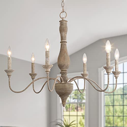 GEPOW 6-Light French Country Chandelier, Handmade Real Wood Farmhouse Chandelier, Distressed Finish Light Fixture for Dining Room, Living Room, Bedroom, Kitchen, Stairway