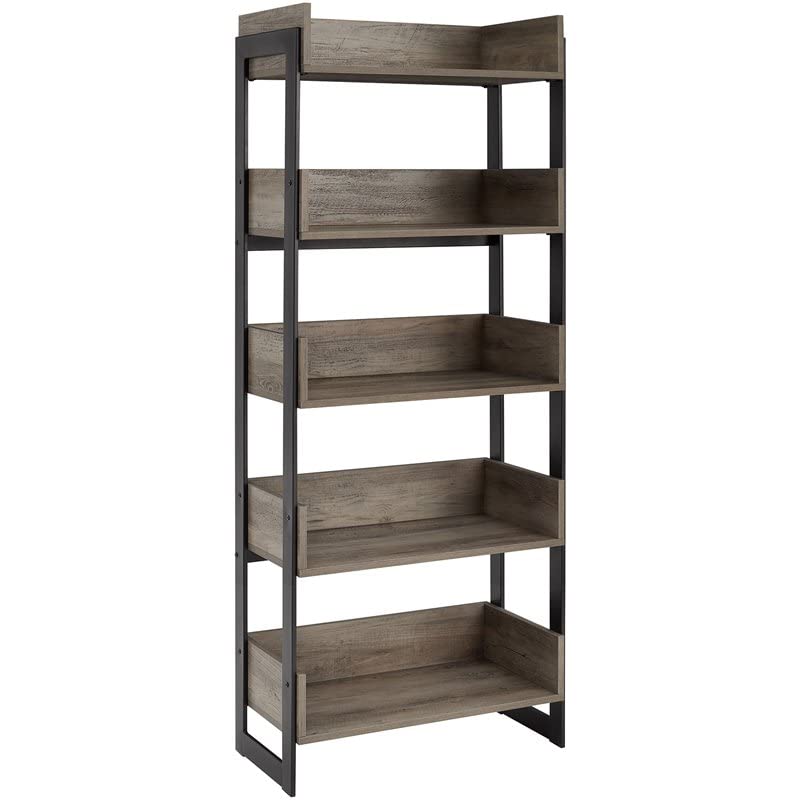 Walker Edison Addison Urban Industrial Metal and Wood 5-Shelf Bookcase, 64 Inch, Grey Wash