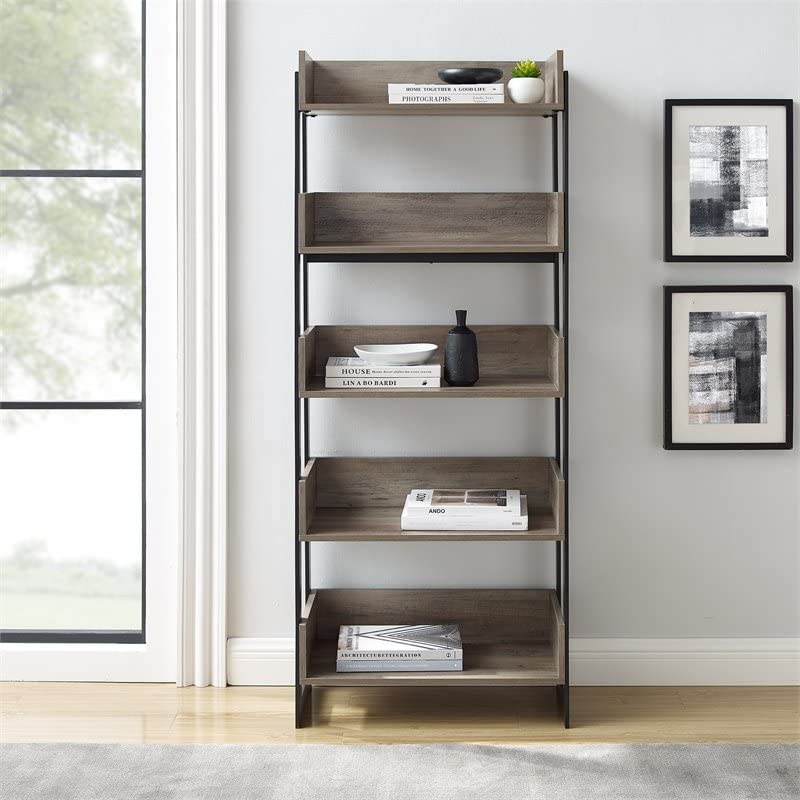 Walker Edison Addison Urban Industrial Metal and Wood 5-Shelf Bookcase, 64 Inch, Grey Wash