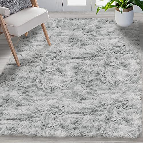 lalaLOOM Soft and Thick Faux Fur Rug, 5x7, Machine Washable, Super Fluffy Carpets for Bedroom and Living Room Floors, Durable Rubber Backing, Luxury Shag Area Rugs for Modern Interior, Soft Gray