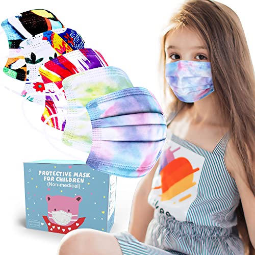 Sheal Kids 100pcs 3-Ply Disposable Face Masks 5-Colorful Tie Dye Printed Design for 4-12 Years Children