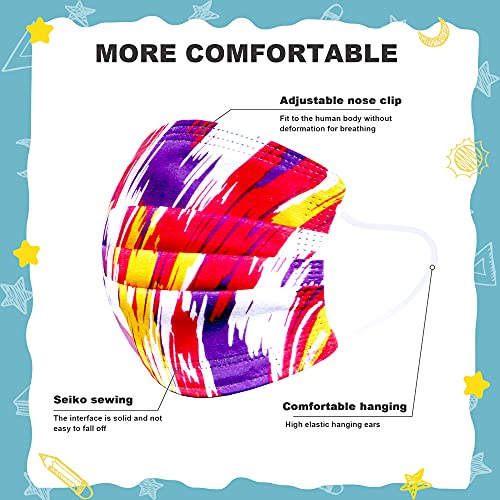 Sheal Kids 100pcs 3-Ply Disposable Face Masks 5-Colorful Tie Dye Printed Design for 4-12 Years Children