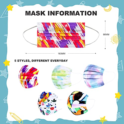 Sheal Kids 100pcs 3-Ply Disposable Face Masks 5-Colorful Tie Dye Printed Design for 4-12 Years Children