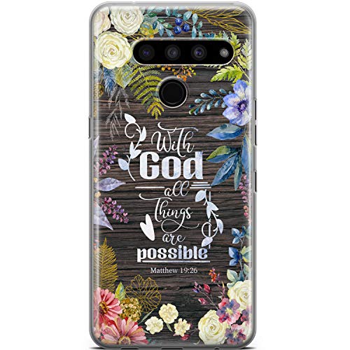 Mertak Clear Phone Case Compatible with LG Stylo 6 5 4 K61 K51S K41S K30 K20 Q70 Q60 Matthew 19:26 Wood Flexible Silicone Protective Slim Scripture Bible Verse Floral Religious TPU Cover Print