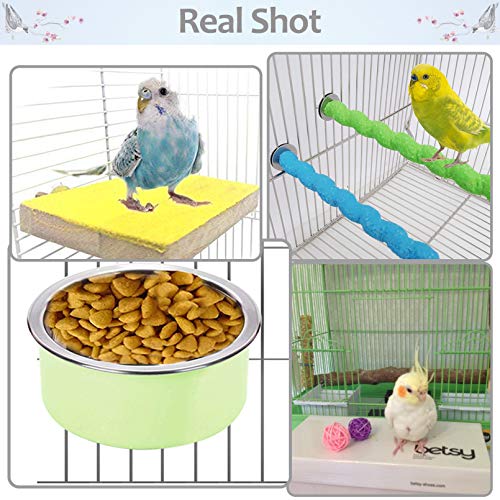 kathson Bird Parrots Feeding Cups, Stainless Steel Coop Cup Food & Water Bowl Feeder Dish Cup with Parrots Perch Stand Platform Toys for Lovebird Budgies Finches Cockatiel(7 PCS)