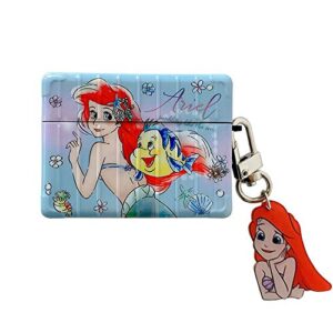 luckessa beautiful girls red hairs mermaid princess stripe surface earphone case for airpods pro, soft imd strong protection wireless charging earbud cover protective skin +mermaid keychain