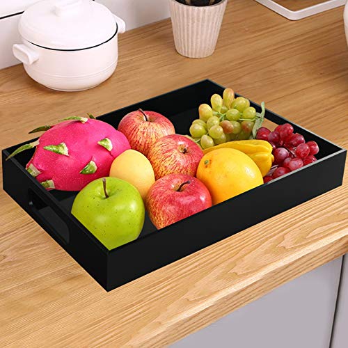 Tasybox Black Serving Tray, Acrylic Decorative Serving Trays with Handles for Kitchen Dining Room Table Ottoman Vanity Countertop 16" x 12"