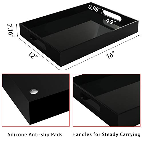 Tasybox Black Serving Tray, Acrylic Decorative Serving Trays with Handles for Kitchen Dining Room Table Ottoman Vanity Countertop 16" x 12"