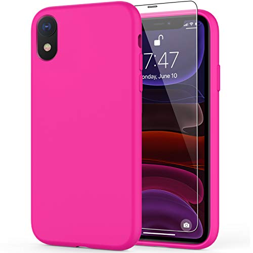 DEENAKIN iPhone Xr Case with Screen Protector,Soft Flexible Silicone Gel Rubber Bumper Cover,Slim Fit Shockproof Protective Phone Case for iPhone Xr Hot Pink