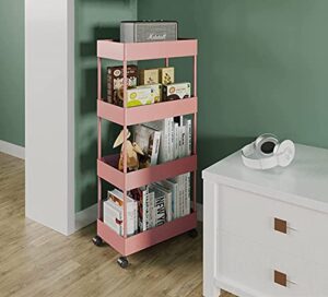 4-tier rolling cart narrow utility cart slide out storage rack for narrow corner gap kitchen bathroom bedroom laundry(pink)