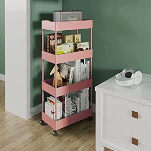 4-Tier Rolling Cart Narrow Utility Cart Slide Out Storage Rack for Narrow Corner Gap Kitchen Bathroom Bedroom Laundry(Pink)