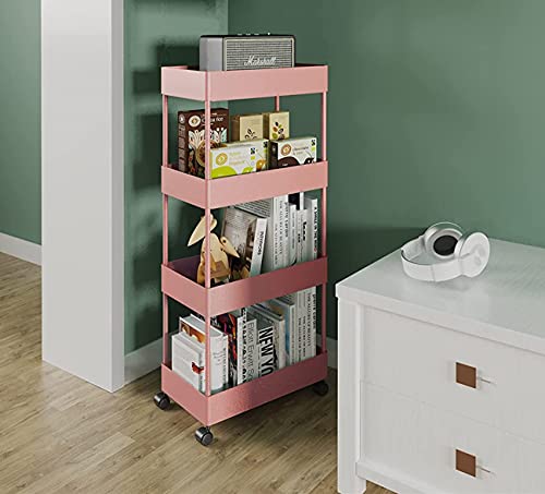 4-Tier Rolling Cart Narrow Utility Cart Slide Out Storage Rack for Narrow Corner Gap Kitchen Bathroom Bedroom Laundry(Pink)