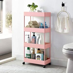 4-Tier Rolling Cart Narrow Utility Cart Slide Out Storage Rack for Narrow Corner Gap Kitchen Bathroom Bedroom Laundry(Pink)