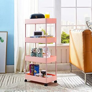 4-Tier Rolling Cart Narrow Utility Cart Slide Out Storage Rack for Narrow Corner Gap Kitchen Bathroom Bedroom Laundry(Pink)