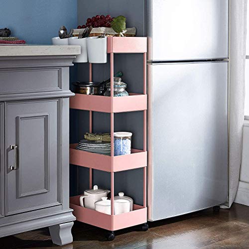 4-Tier Rolling Cart Narrow Utility Cart Slide Out Storage Rack for Narrow Corner Gap Kitchen Bathroom Bedroom Laundry(Pink)