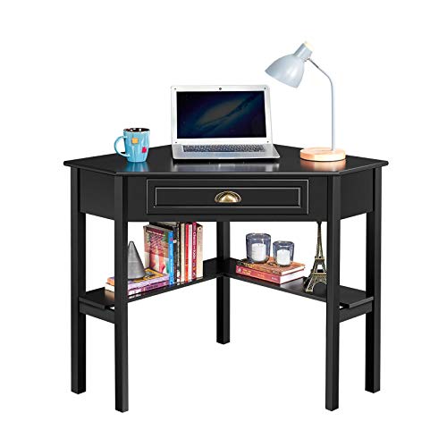 Topeakmart Home Office Writing Computer Desk with Shelves and Drawers, Corner Desk Laptop PC Table Working Station for Home Workers, Black