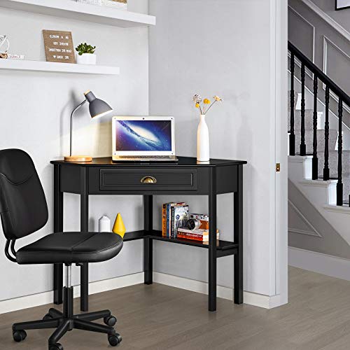 Topeakmart Home Office Writing Computer Desk with Shelves and Drawers, Corner Desk Laptop PC Table Working Station for Home Workers, Black