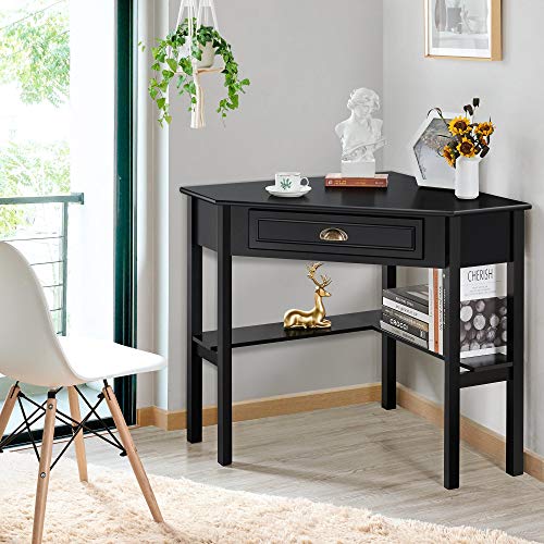 Topeakmart Home Office Writing Computer Desk with Shelves and Drawers, Corner Desk Laptop PC Table Working Station for Home Workers, Black