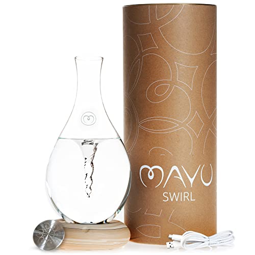 MAYU Swirl Structured Water Pitcher - Handblown Glass Carafe 1.5 Liter Design Jug - Dispenser Stand with Innovative Vortex Technology - Great for Reverse Osmosis Filter Users |51 Oz (Earth Base)