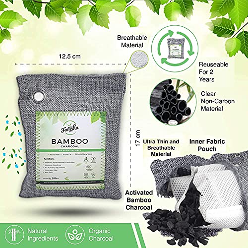 Famsha 200gm Premium MOSO Bamboo Charcoal Air Purifying Bags, Activated Charcoal Bags Odor Absorber, Provides Natural & Fresh Air for your Home, Car & Office