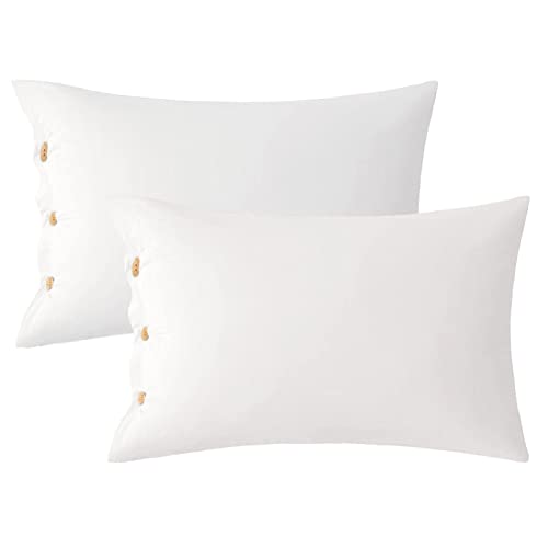 JELLYMONI White 100% Washed Cotton Standard Pillowcases Set, 2 Pack Luxury Soft Breathable Pillow Covers with Button Closure(Pillows are not Included)