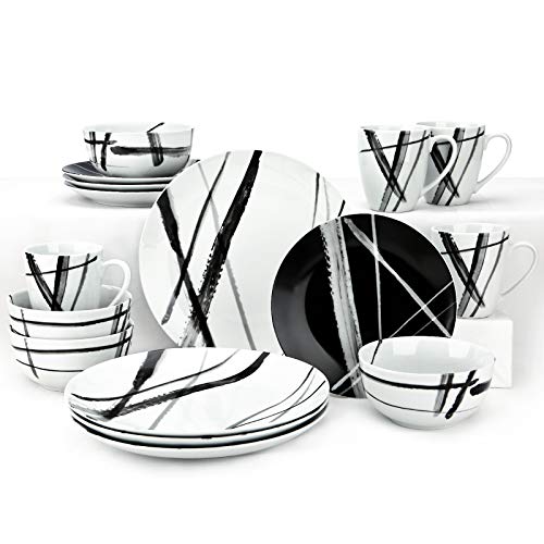 ZYAN 16 Piece Round Dinnerware Sets, Black and White Metro Stoneware Dish Sets, Dishwasher Safe Plates and Bowls Sets for 4