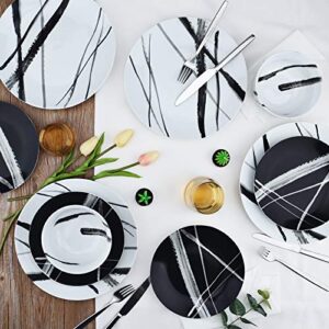 ZYAN 16 Piece Round Dinnerware Sets, Black and White Metro Stoneware Dish Sets, Dishwasher Safe Plates and Bowls Sets for 4