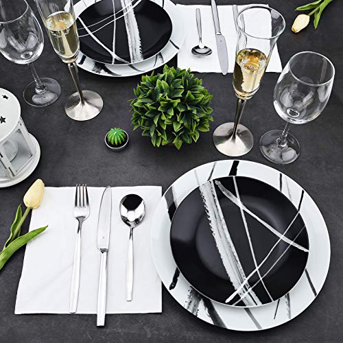 ZYAN 16 Piece Round Dinnerware Sets, Black and White Metro Stoneware Dish Sets, Dishwasher Safe Plates and Bowls Sets for 4