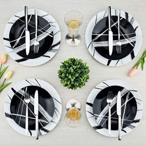 ZYAN 16 Piece Round Dinnerware Sets, Black and White Metro Stoneware Dish Sets, Dishwasher Safe Plates and Bowls Sets for 4