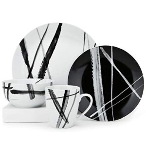 ZYAN 16 Piece Round Dinnerware Sets, Black and White Metro Stoneware Dish Sets, Dishwasher Safe Plates and Bowls Sets for 4