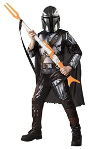 star wars the mandalorian kids halloween costume large (10-12) jumpsuit/cape/mask/holographic detail