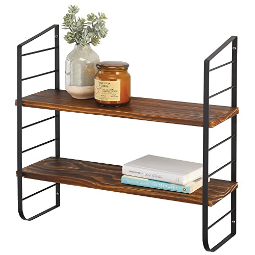 mDesign 2-Tiered Floating Shelf – Long Bookshelf with Rust-Resistant Metal Brackets – Wall Shelf for Bathroom, Kitchen, Office etc. – Black/Natural