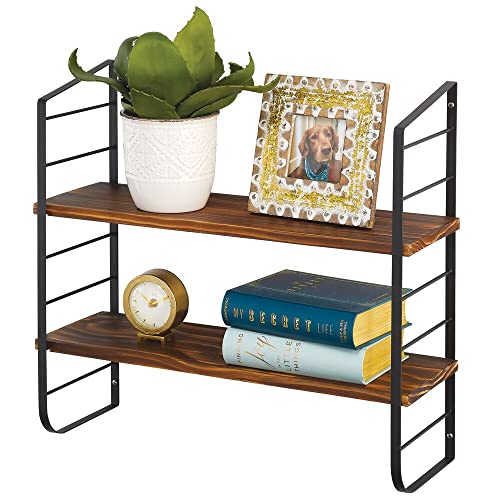 mDesign 2-Tiered Floating Shelf – Long Bookshelf with Rust-Resistant Metal Brackets – Wall Shelf for Bathroom, Kitchen, Office etc. – Black/Natural