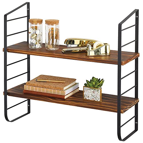 mDesign 2-Tiered Floating Shelf – Long Bookshelf with Rust-Resistant Metal Brackets – Wall Shelf for Bathroom, Kitchen, Office etc. – Black/Natural