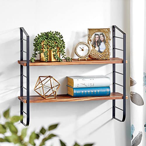 mDesign 2-Tiered Floating Shelf – Long Bookshelf with Rust-Resistant Metal Brackets – Wall Shelf for Bathroom, Kitchen, Office etc. – Black/Natural